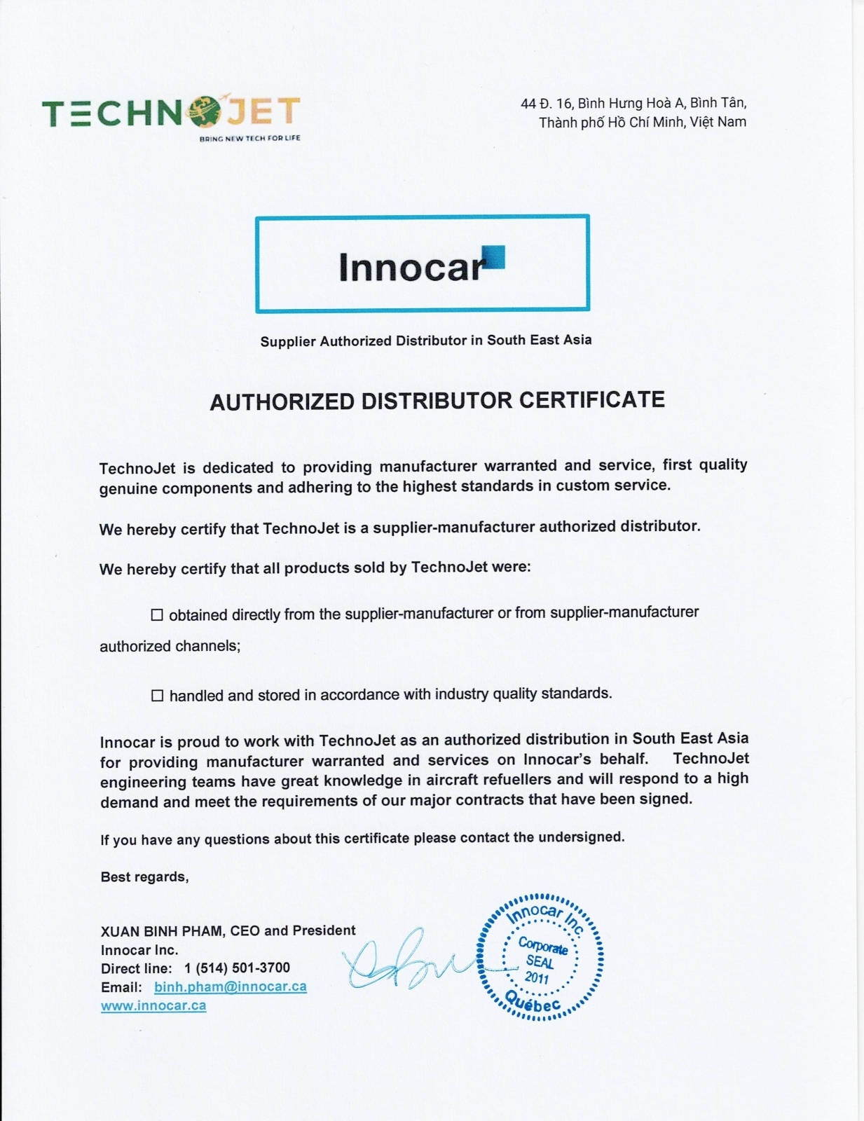 Các chứng chỉ - TechnoJet